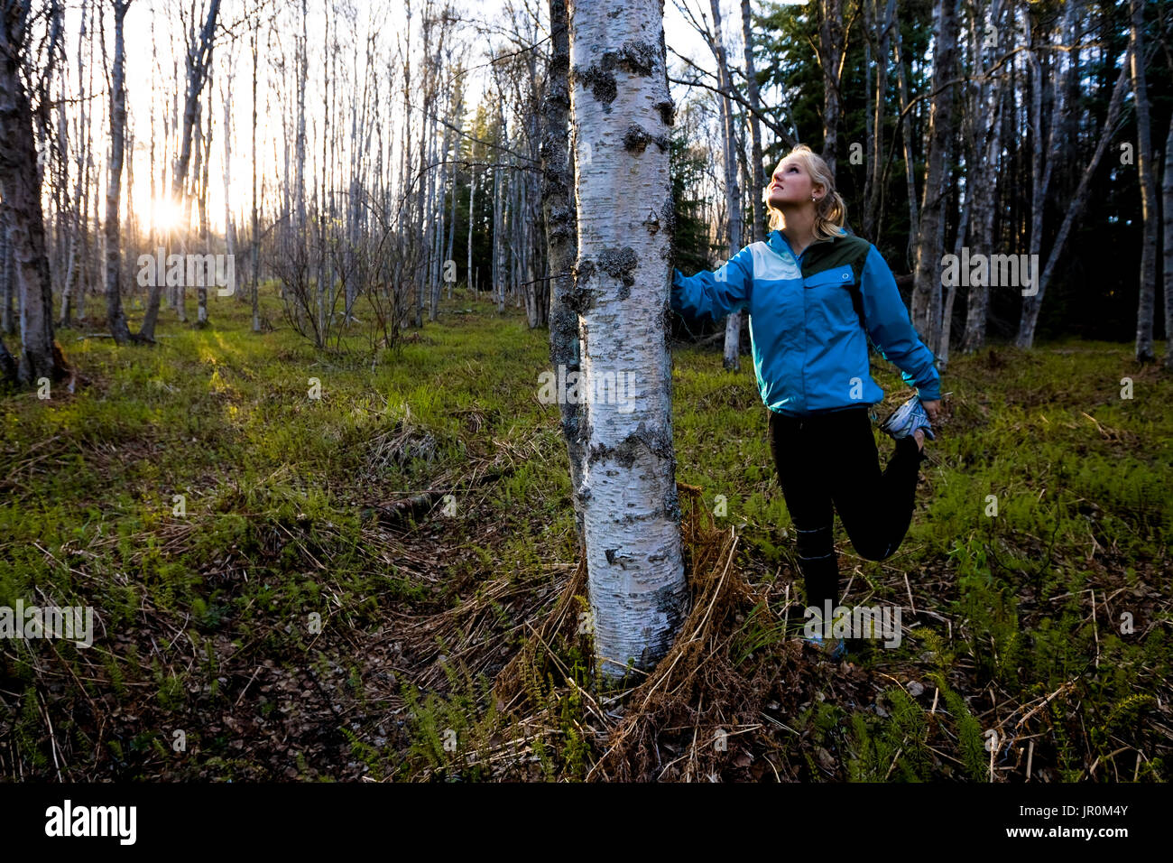 A Young Woman Stretching Her Legs Before A Run In A Forest; Homer ...