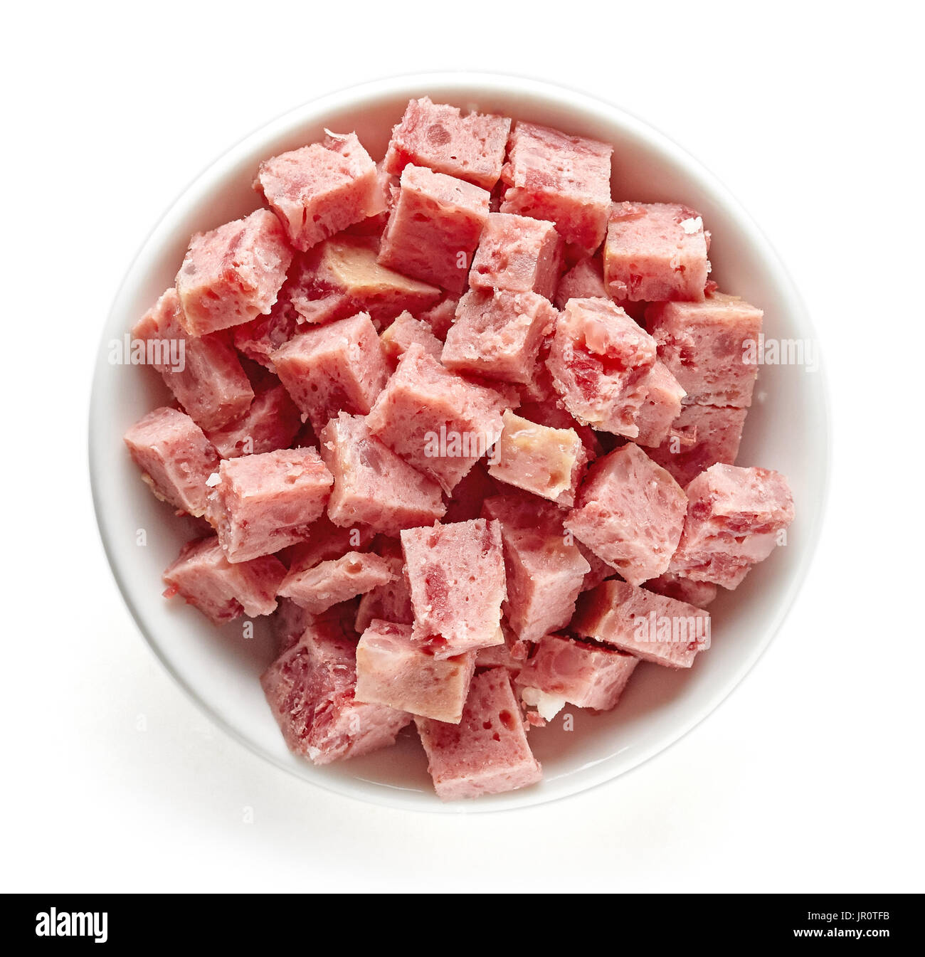 Bowl of chopped ham isolated on white background, top view Stock Photo ...