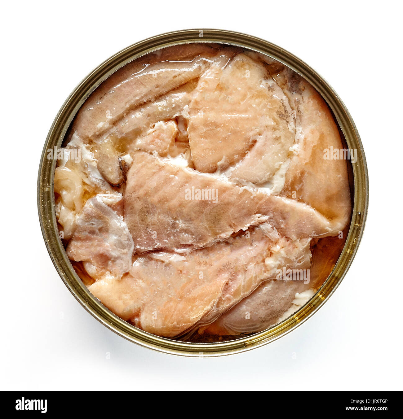 Open tin can, canned salmon, isolated on white background, top view ...