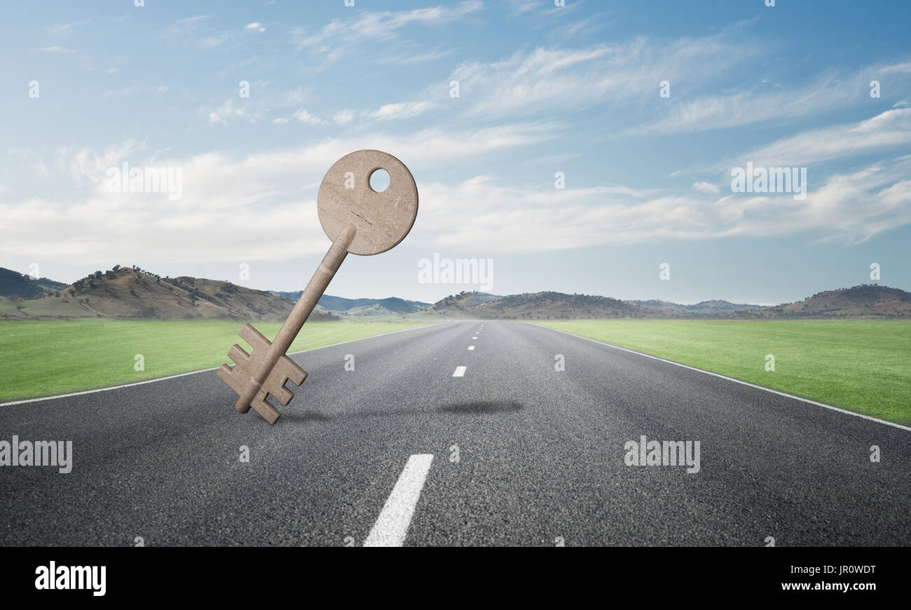 Conceptual background image of concrete key sign on asphalt road Stock ...