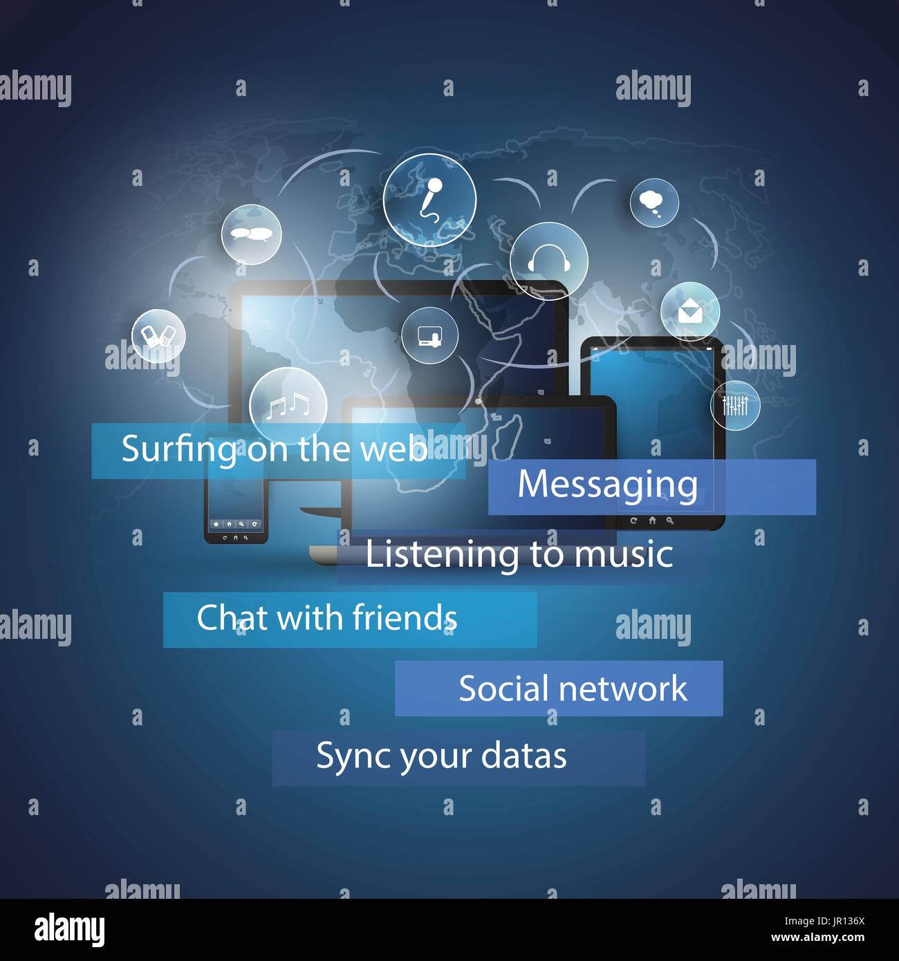 Blue Abstract Cloud Computing Concept Design with World Map, Mobile ...