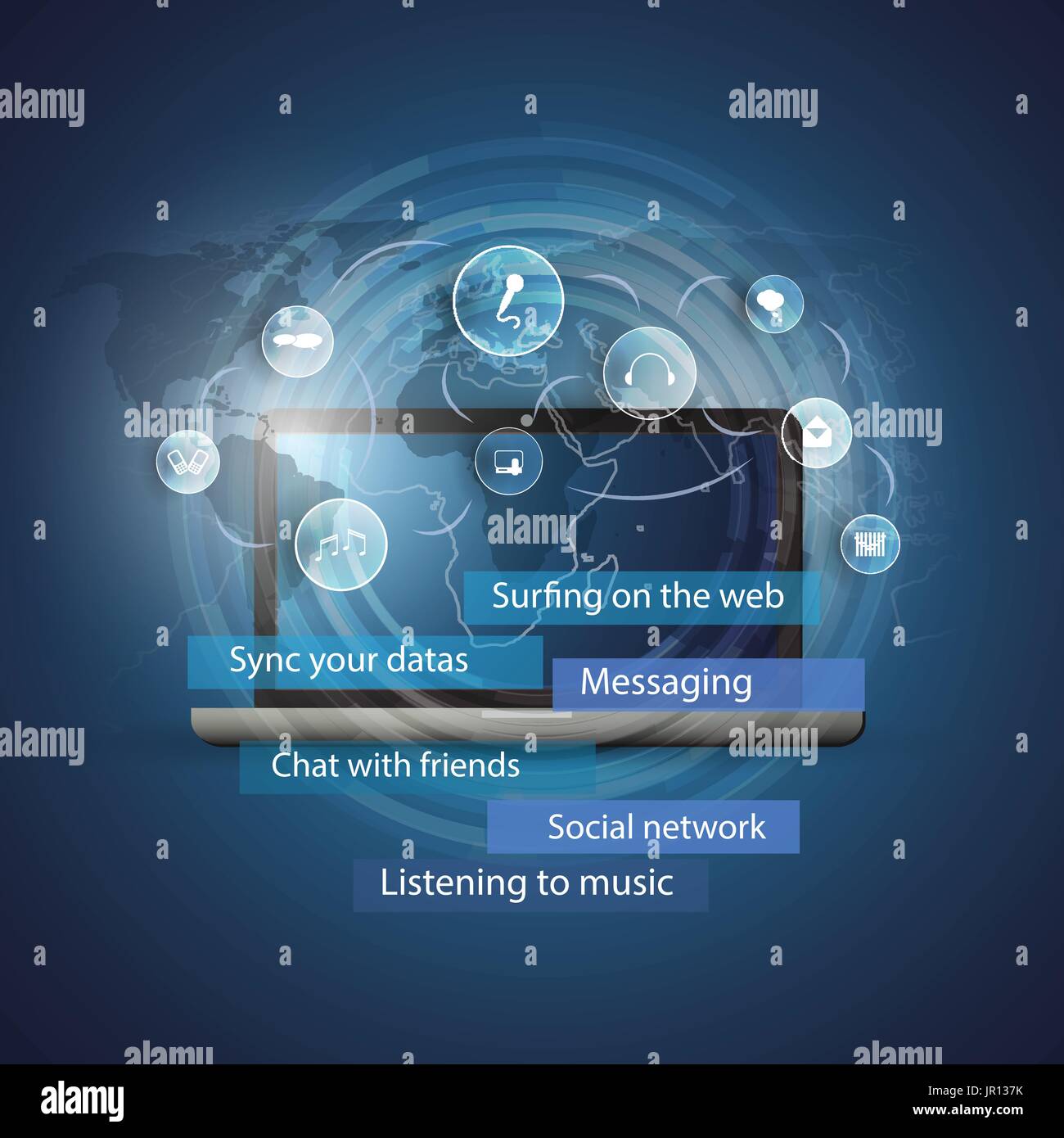 Blue Cloud Computing Concept Design with World Map, Light, Laptop PC in ...