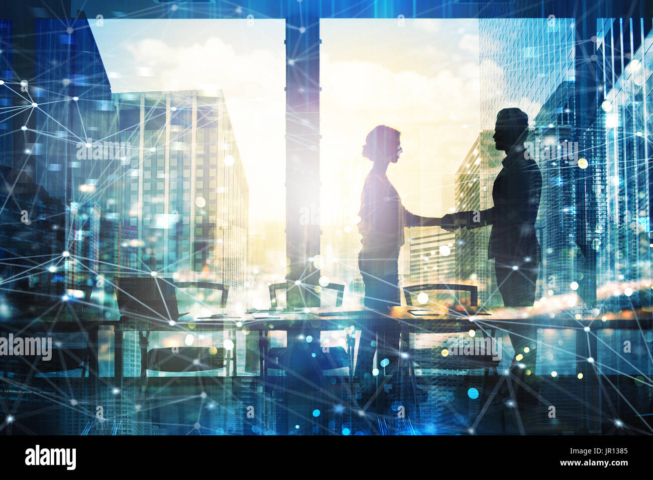 Handshake of two businessperson in office with network effect. concept ...