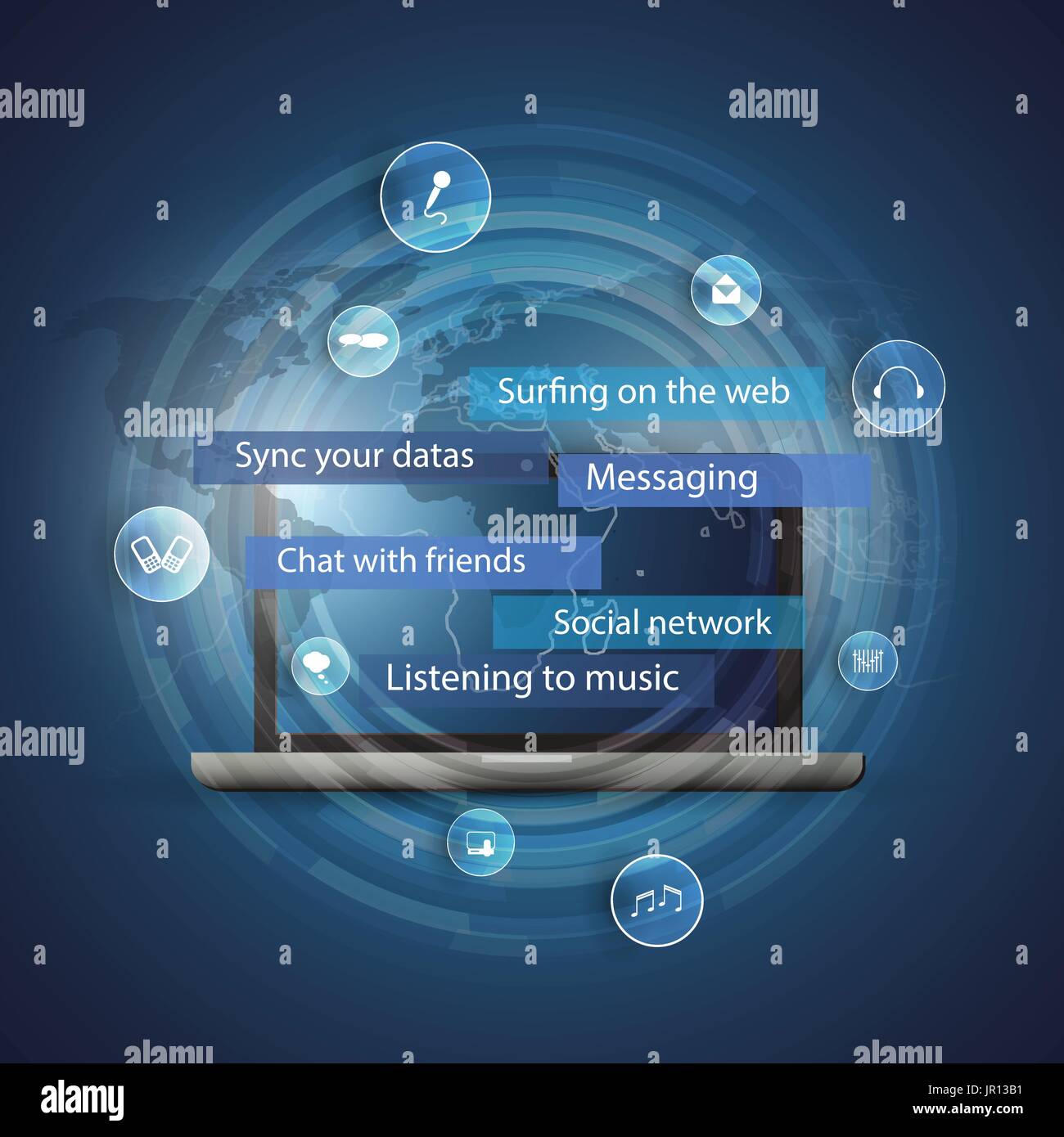 Blue Cloud Computing Concept Design with World Map, Light, Laptop PC in ...