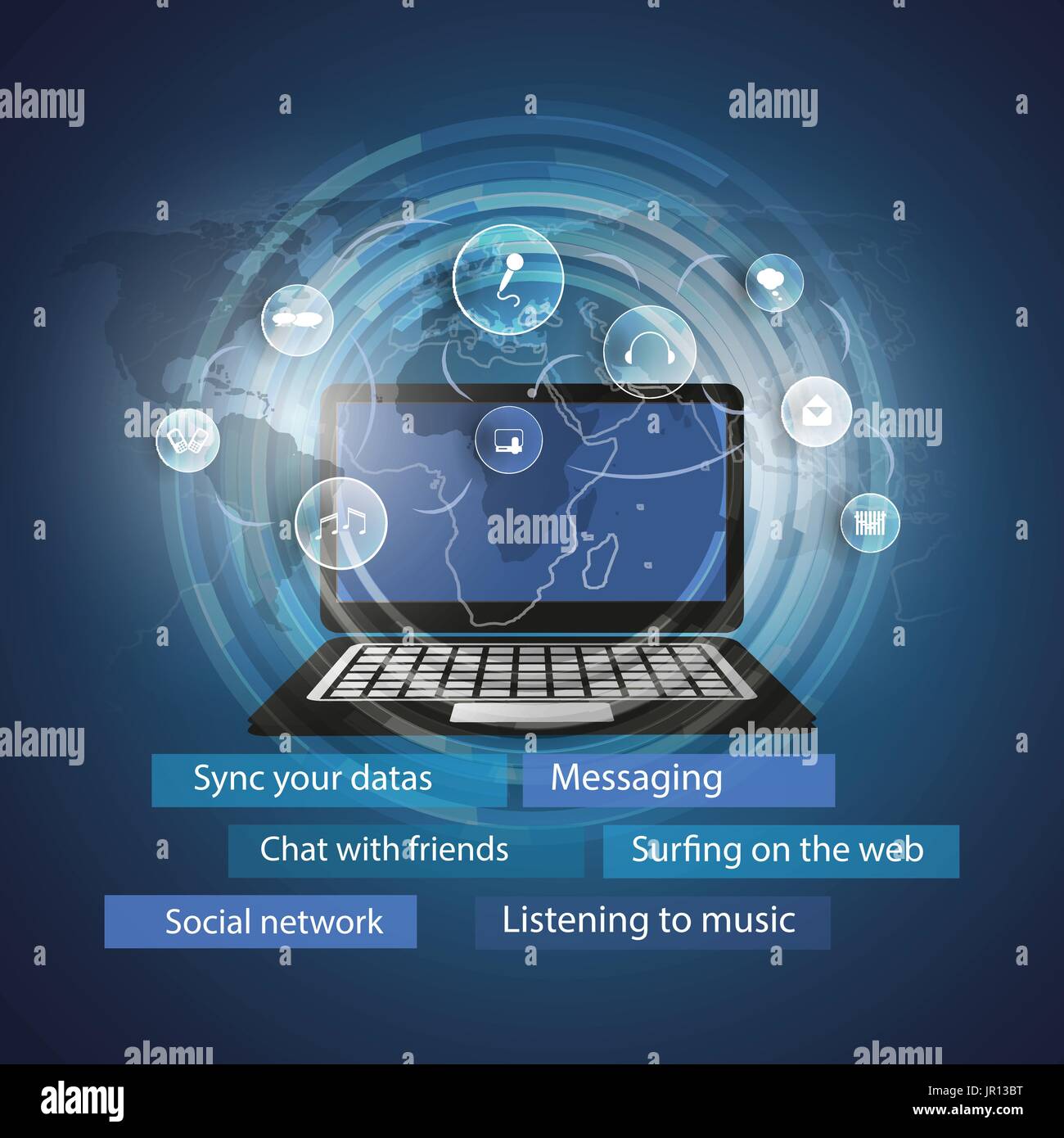 Blue Cloud Computing Concept Design with World Map, Light, Laptop PC in ...