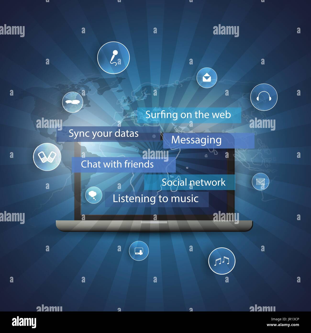 Blue Cloud Computing Concept Design with World Map, Light, Laptop PC in ...