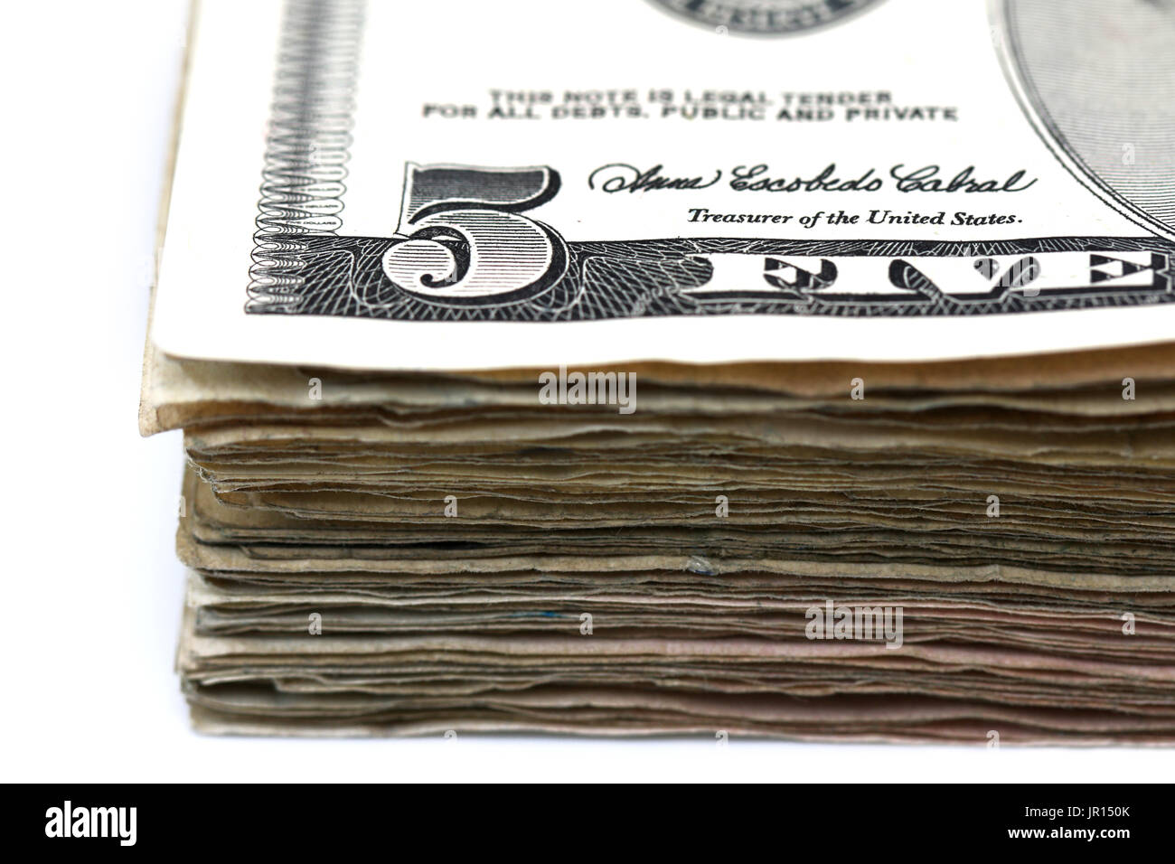 A stack of five dollar bills isolated on a white background Stock Photo ...