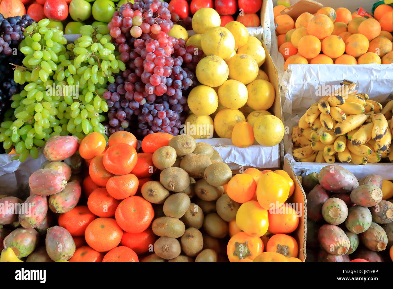 Fruits display on a covered market in south america, Peru, Aguas ...