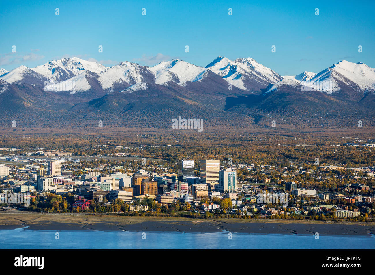 Aerial View Of Downtown Anchorage, The Chugach Mountains And Cook Inlet ...