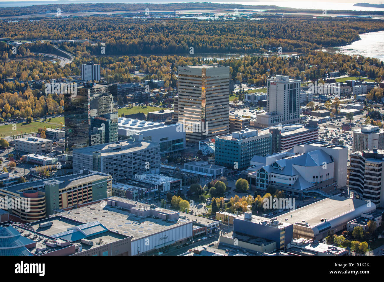 Aerial View Of Downtown Anchorage During Autumn, Southcentral Alaska ...