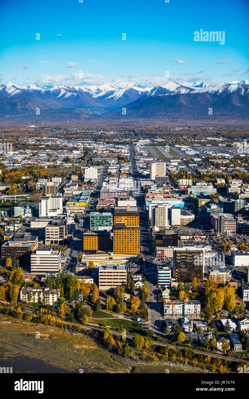 Aerial View Of Downtown Anchorage And Chugach Mountains During Autumn ...