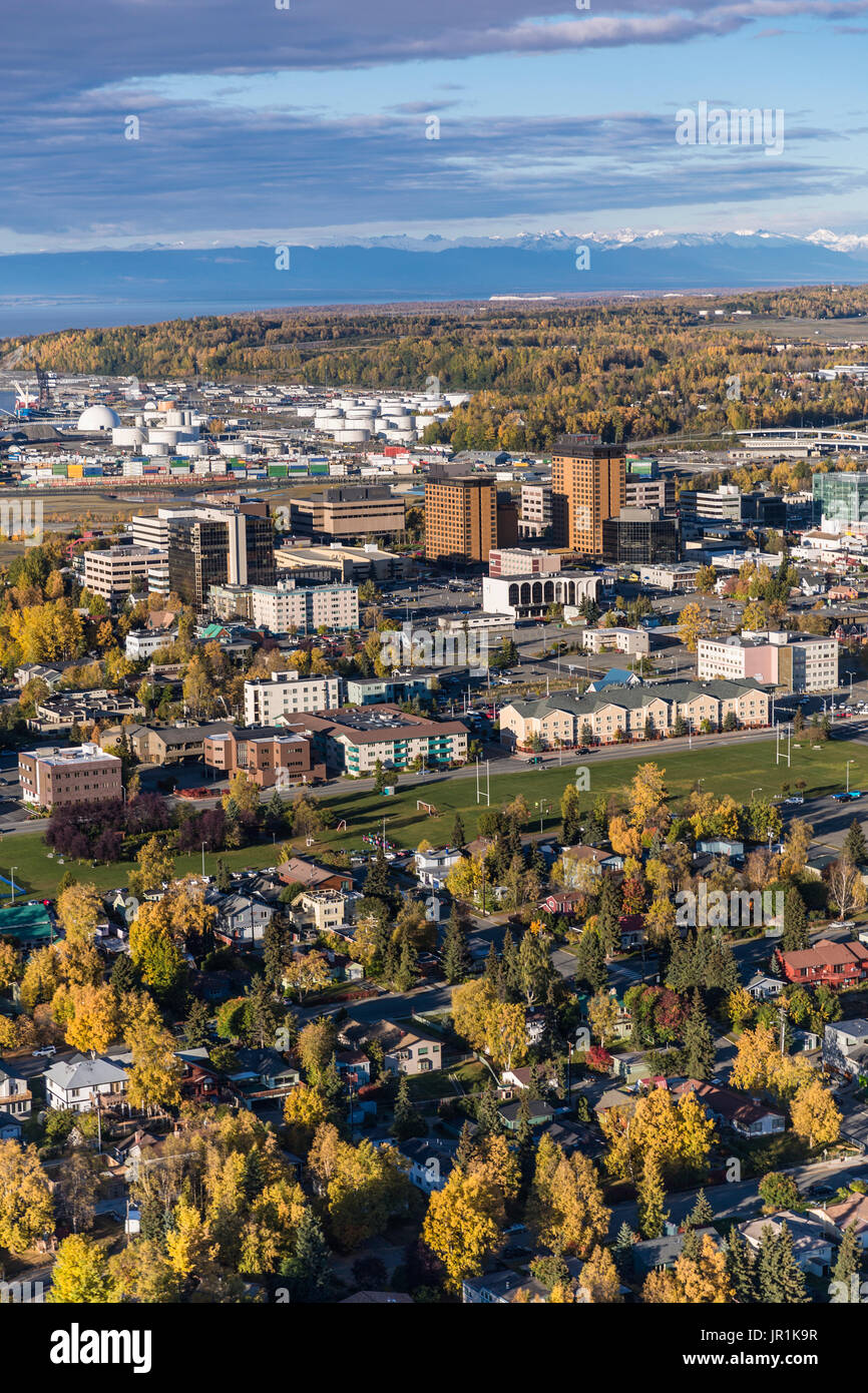 Aerial View Of Downtown Anchorage In Autumn, Southcentral Alaska, USA ...