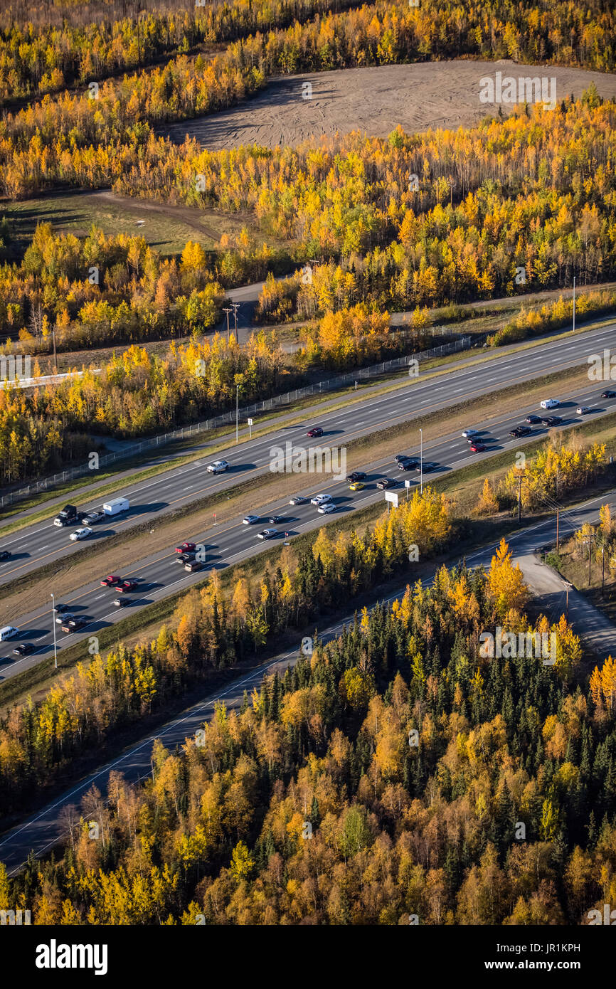 Aerial View Of Traffic On Glenn Highway In Autumn, Southcentral Alaska ...