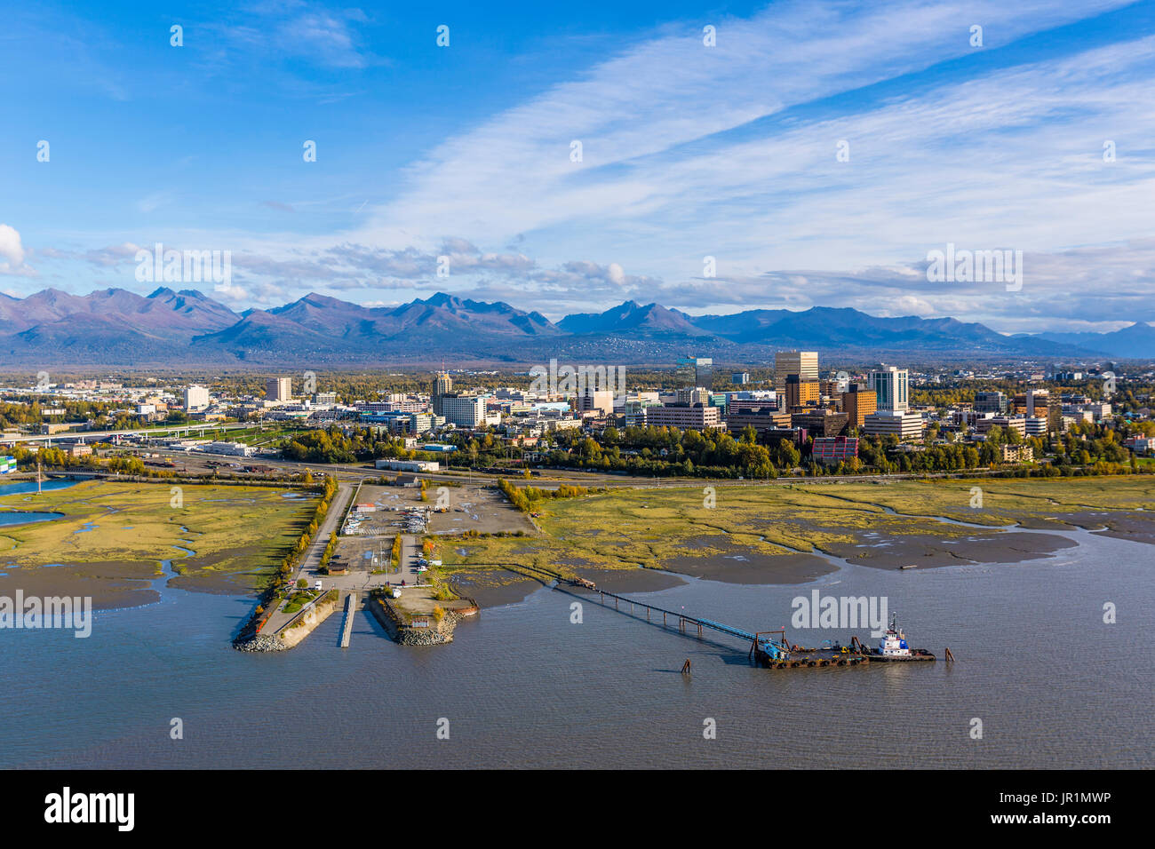 Aerial View Of Downtown Anchorage, Mudflats Of Cook Inlet, And Chugach ...