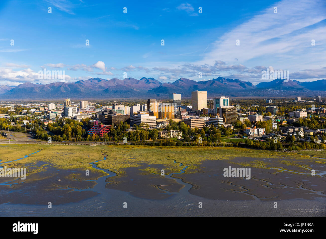 Aerial View Of Downtown Anchorage And Low Tide Flats Of Cook Inlet ...