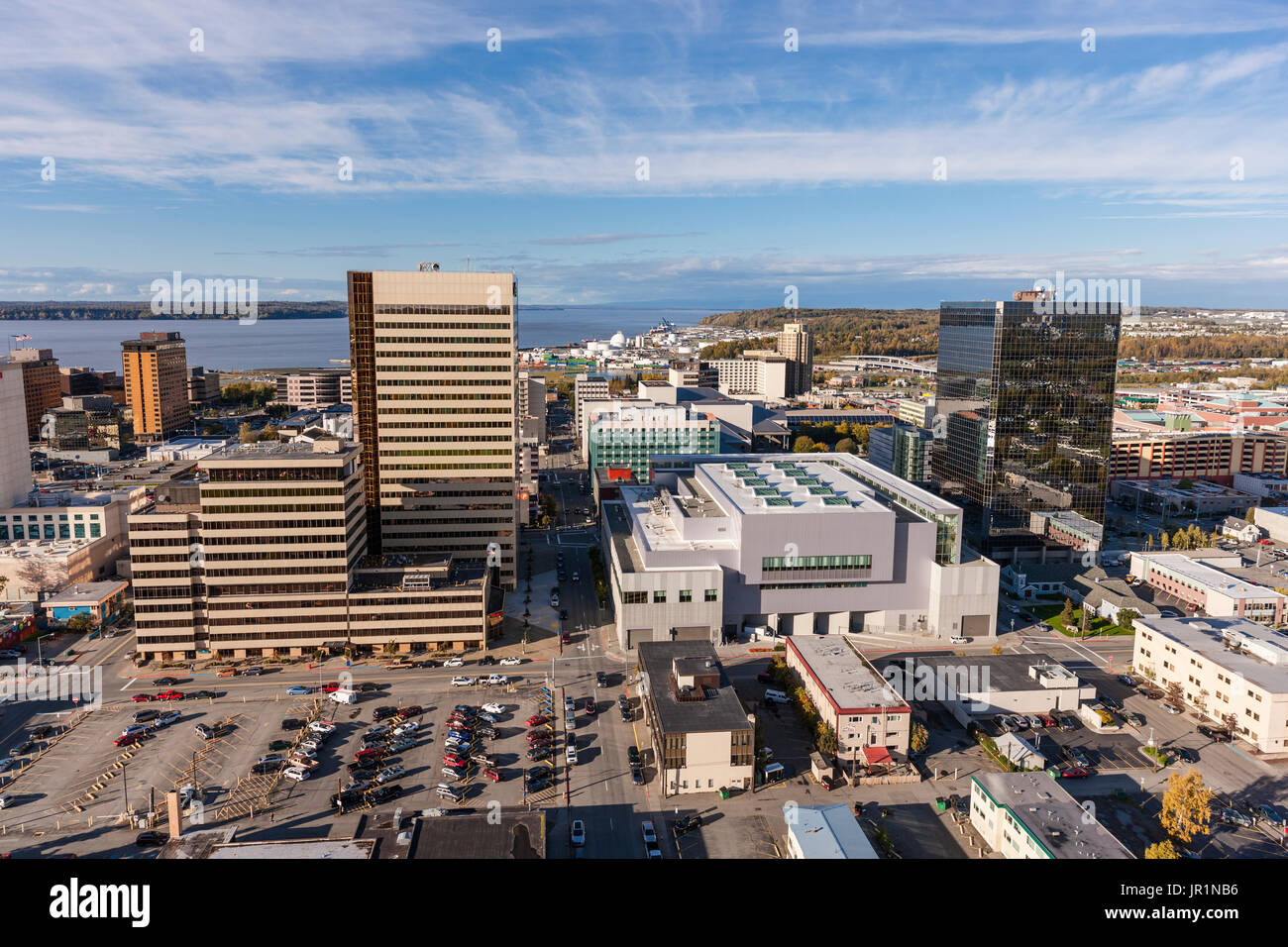 Aerial View Of Downtown Anchorage With Cook Inlet In The Background ...