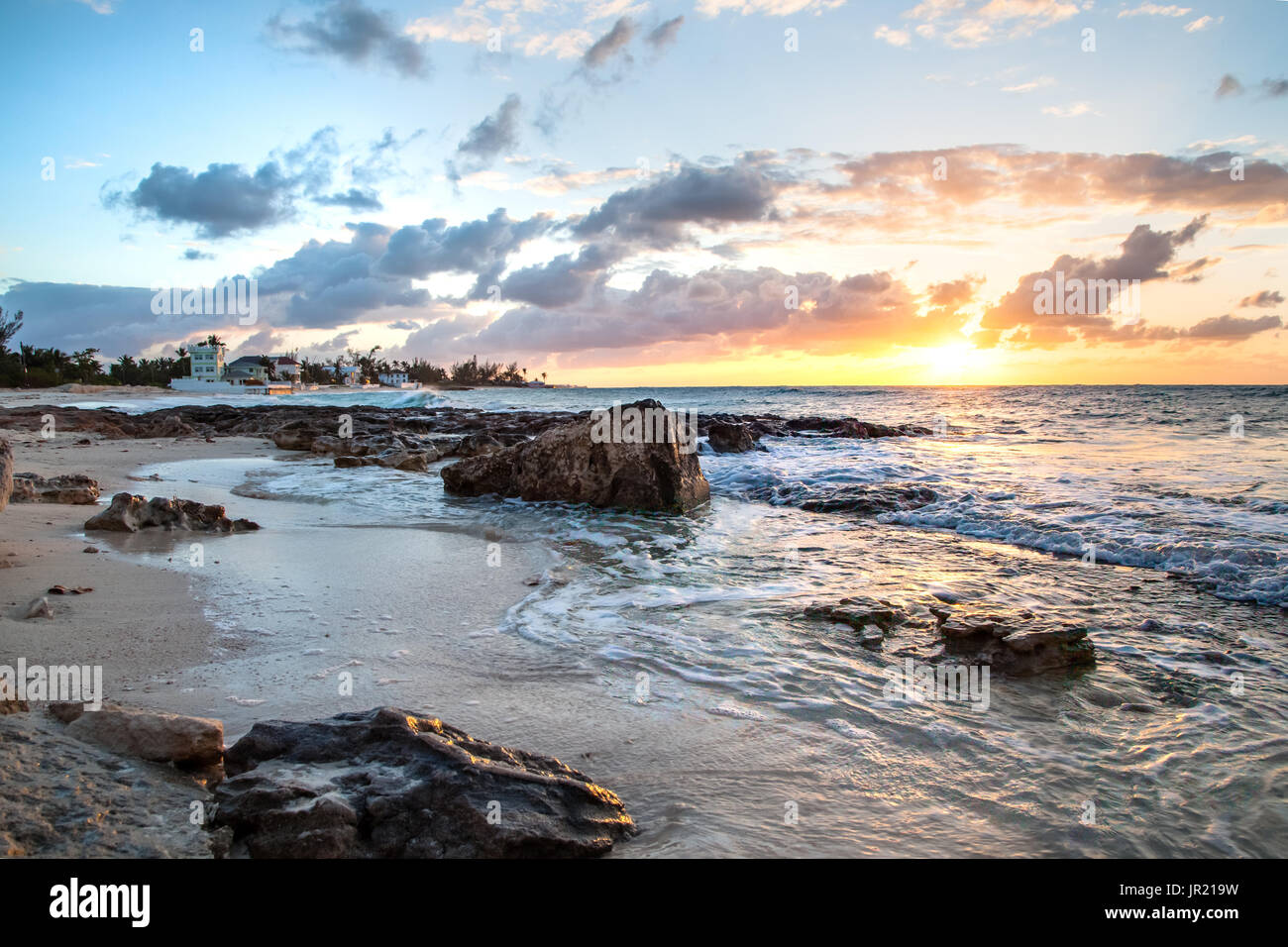 Rocks on the beach are displayed at low tide in this view of the ...