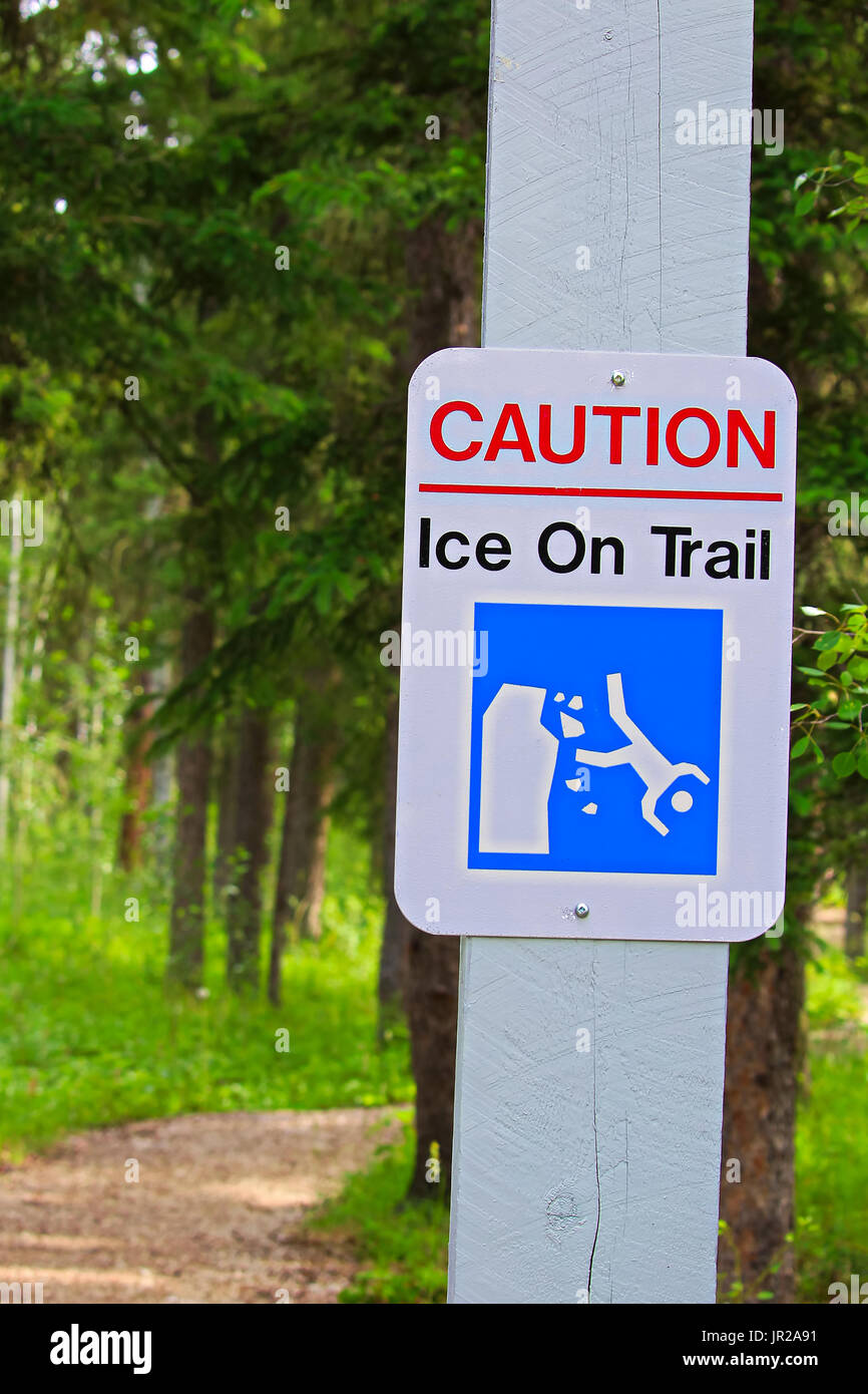 A caution, ice on trail sign Stock Photo - Alamy