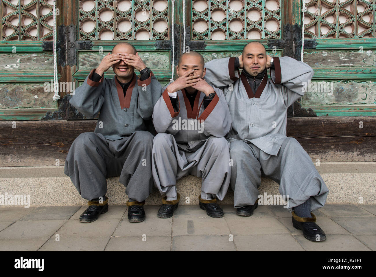 Portraits of three characters representing the monkeys of wisdom Stock ...