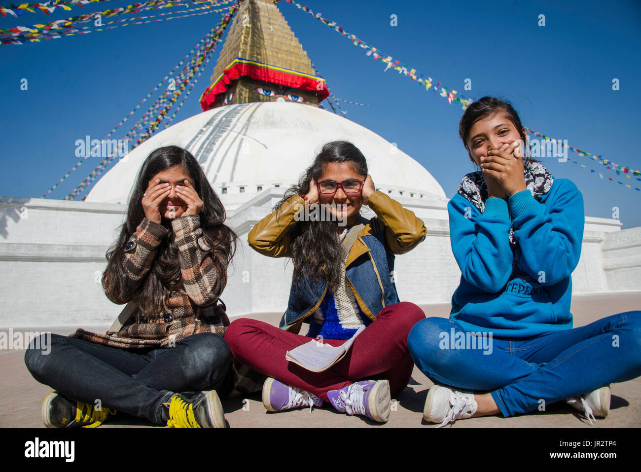 Portraits of three characters representing the monkeys of wisdom Stock ...