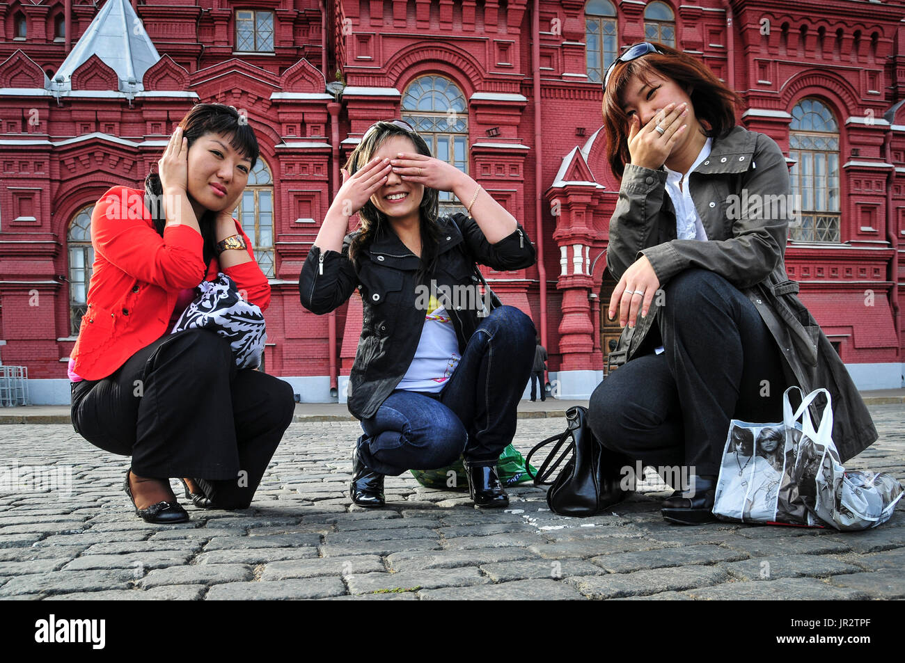 Portraits of three characters representing the monkeys of wisdom Stock ...