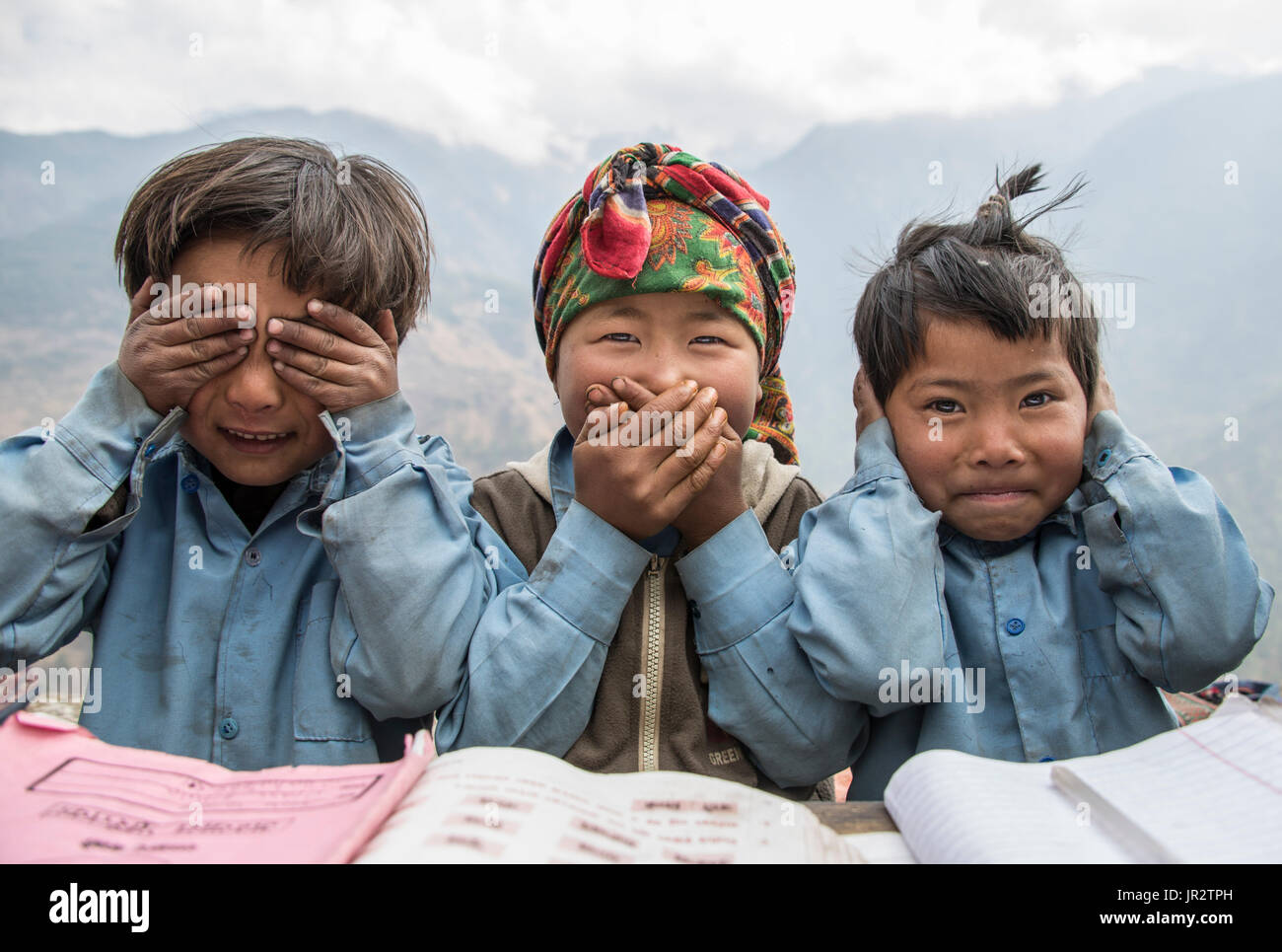 Portraits of three characters representing the monkeys of wisdom Stock ...