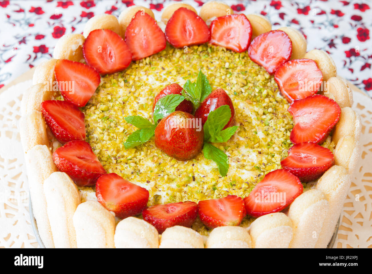 French Charlotte cake with Fresh Strawberry on a table closeup Stock ...