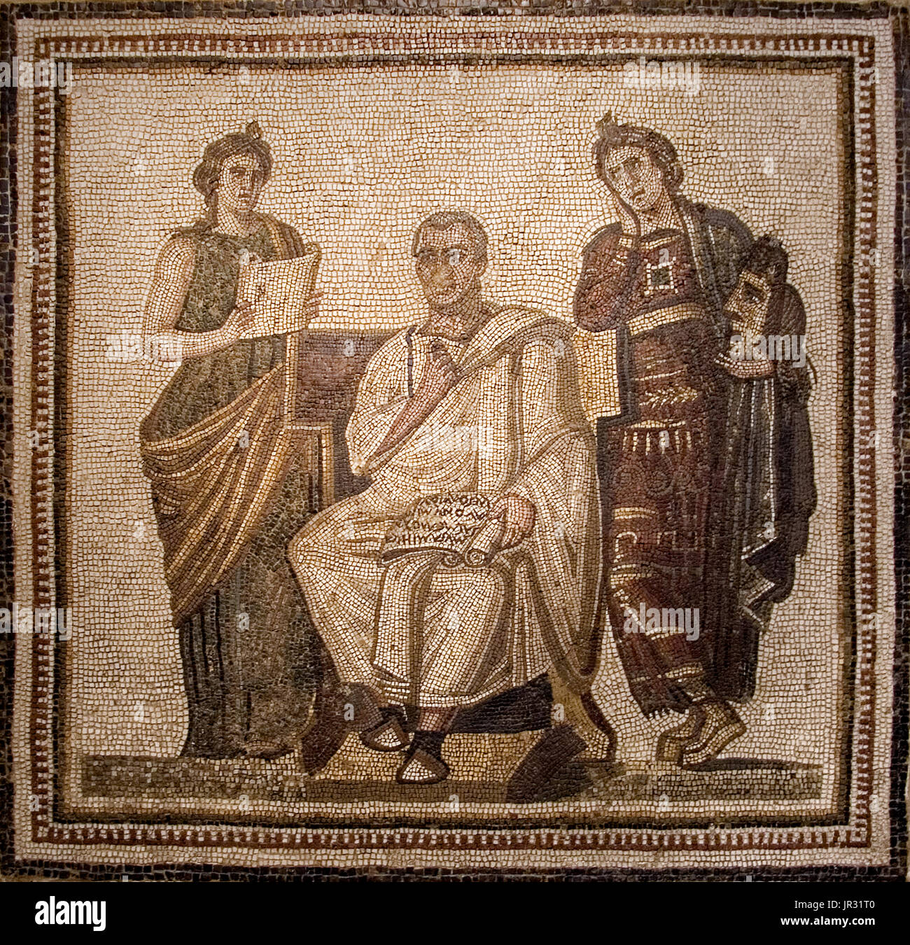 Virgil, wearing a toga and holding a scroll on his lap is attended by ...