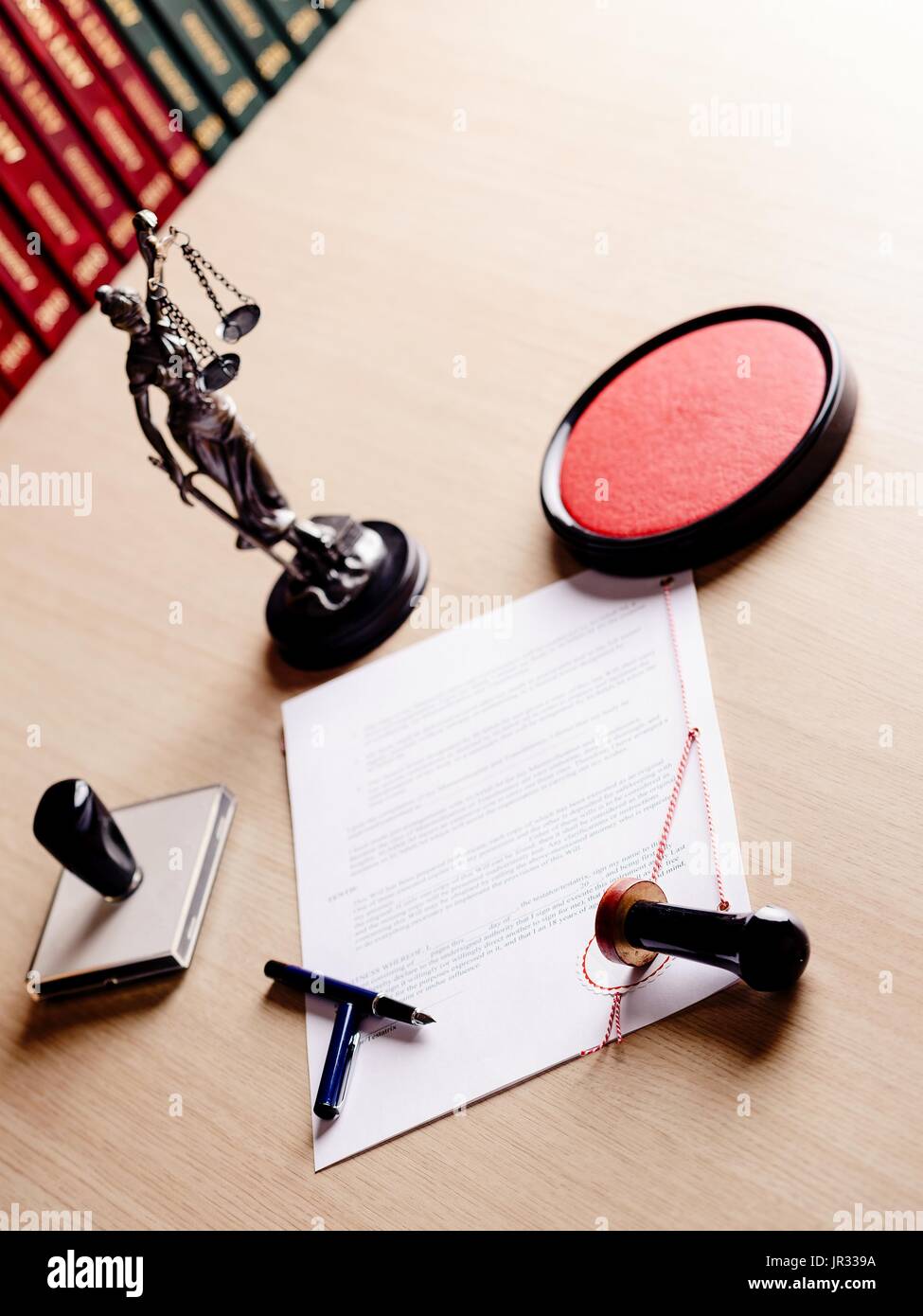 Notary public working tools, his stamp, pen, figurine of goddess of ...