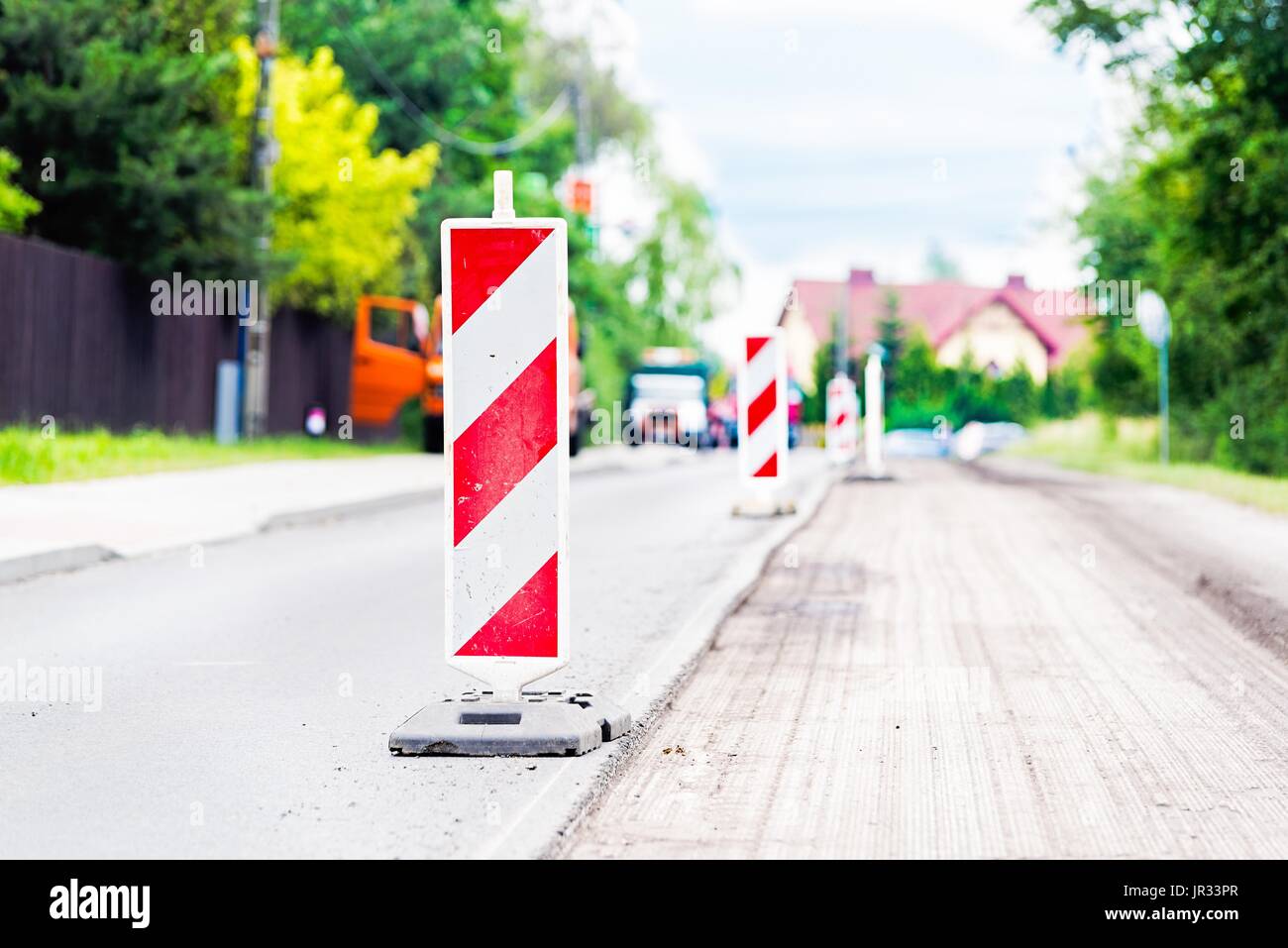 Summer road work. Road renewal. Traffic Jam Stock Photo - Alamy
