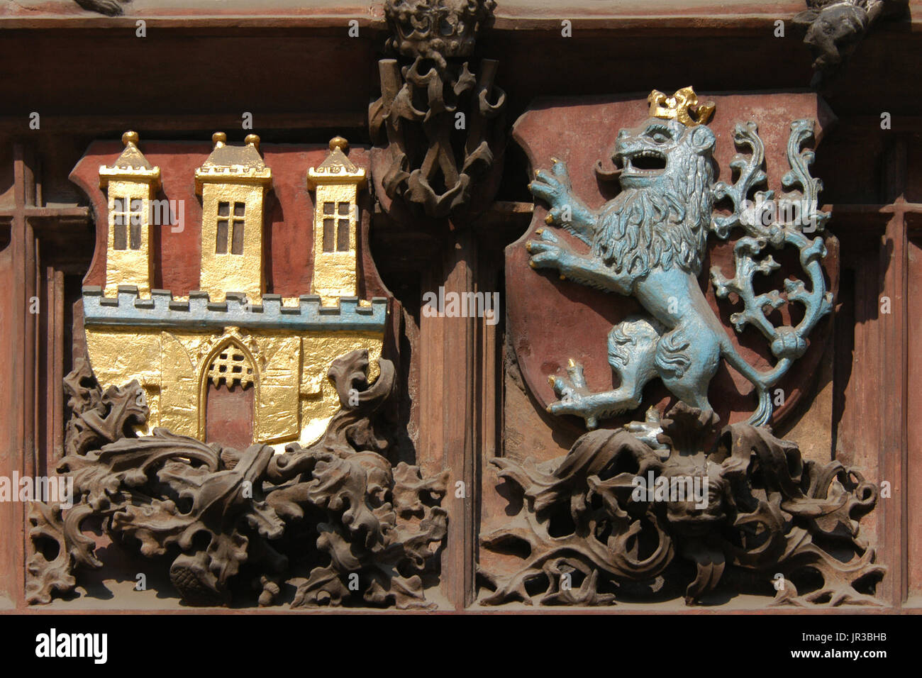 Coat of arms of Prague (L) and Bohemian heraldic lion (R) depicted on ...