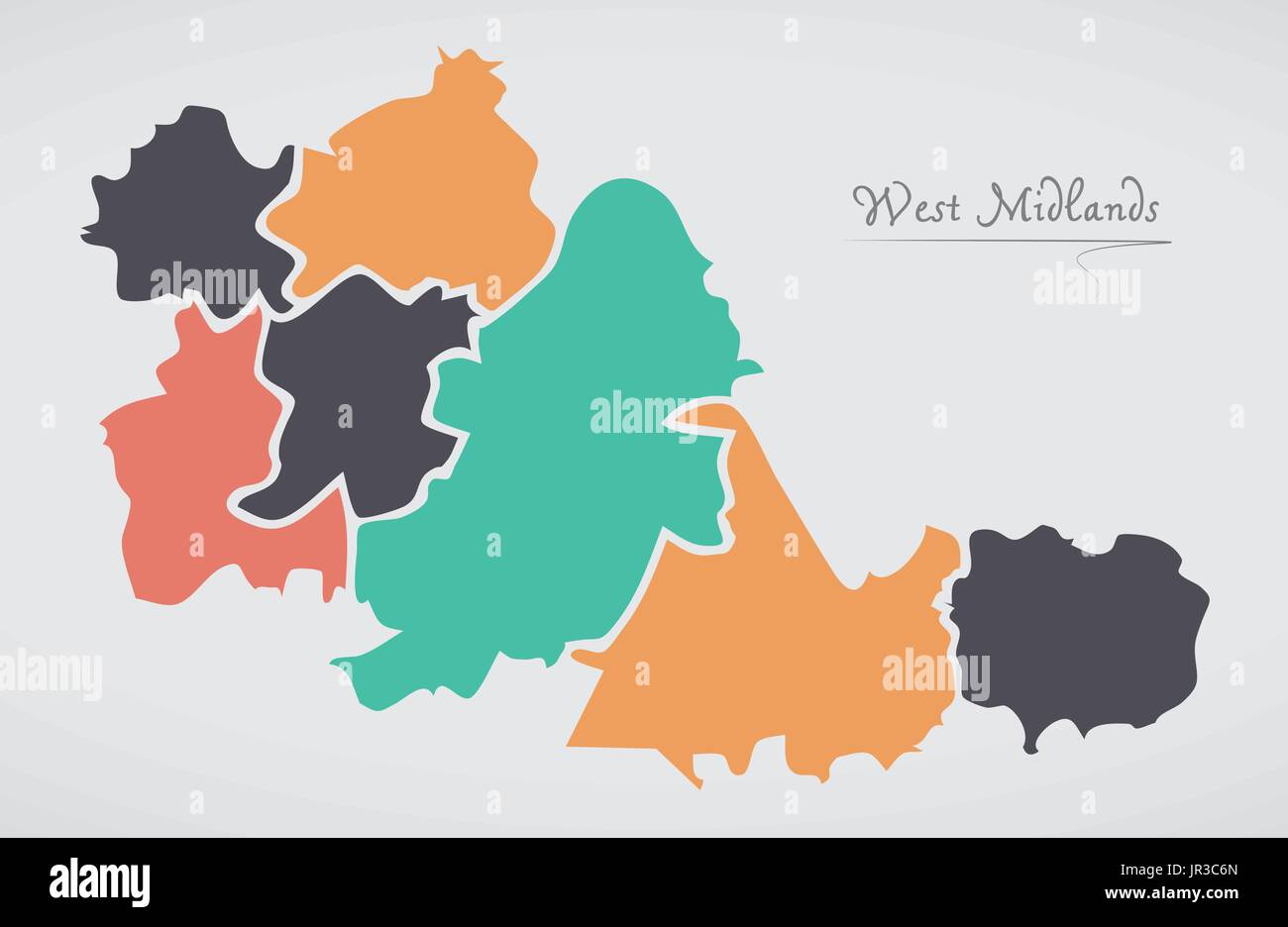 West Midlands England Map with states and modern round shapes Stock ...