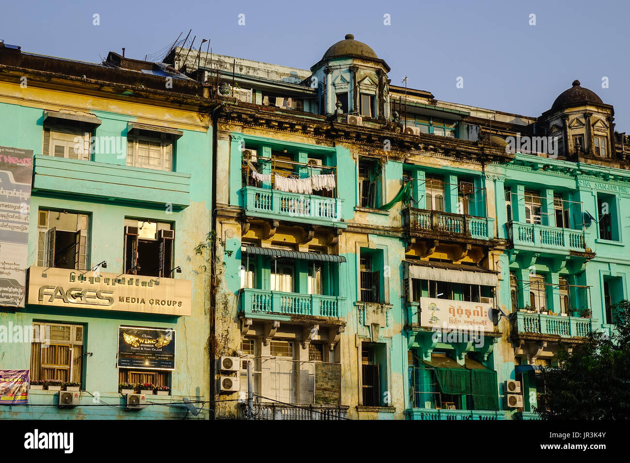 Yangon, Myanmar - Feb 13, 2017. Old British-style buildings at downtown ...
