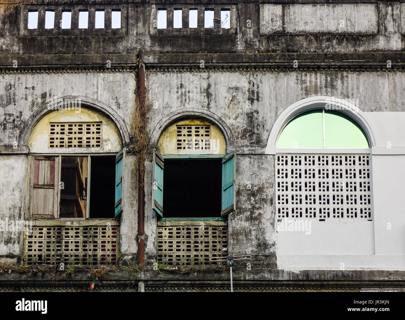 Details of ancient British-style building at Chinatown in Yangon ...