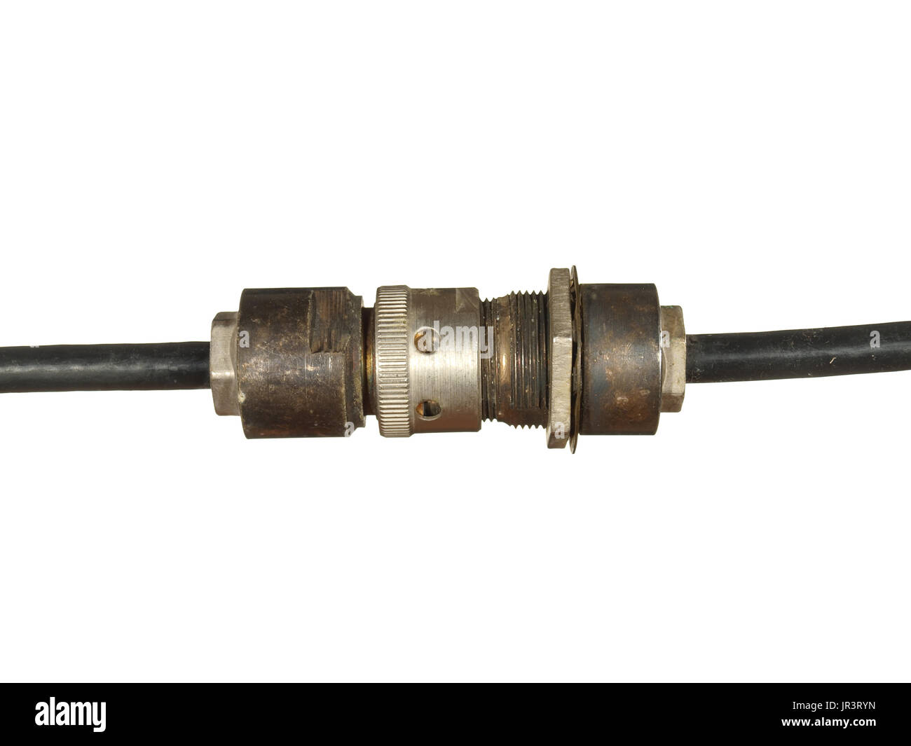 Black cable with old coaxial connector isolated on white background ...