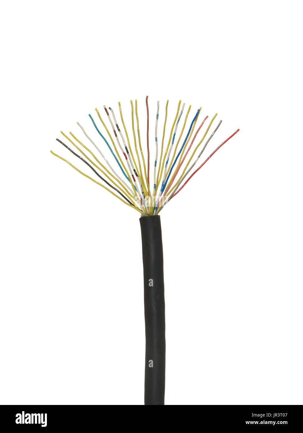 Black stripped cable with multicolored electrical wires isolated on ...