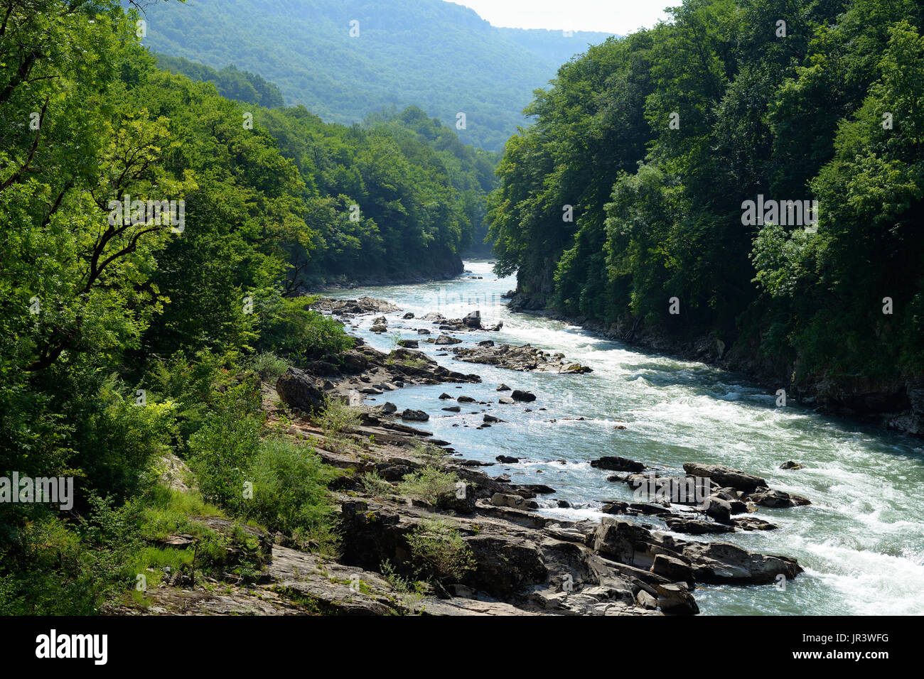 Summer landscape with mountain river. Belaya River in Republic of ...