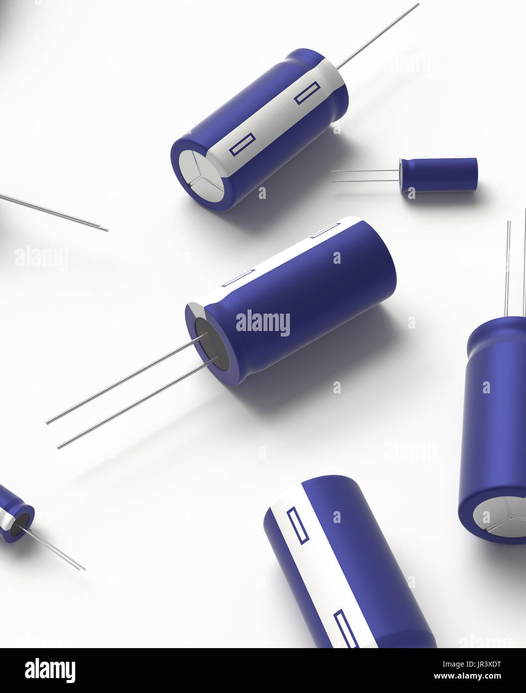 3D realistic render of blue group capacitors on white background with ...