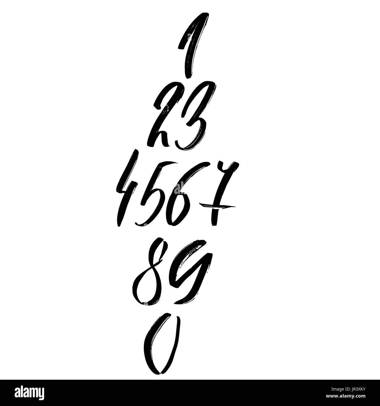 Set of calligraphic ink numbers. Dry brush lettering. Vector ...