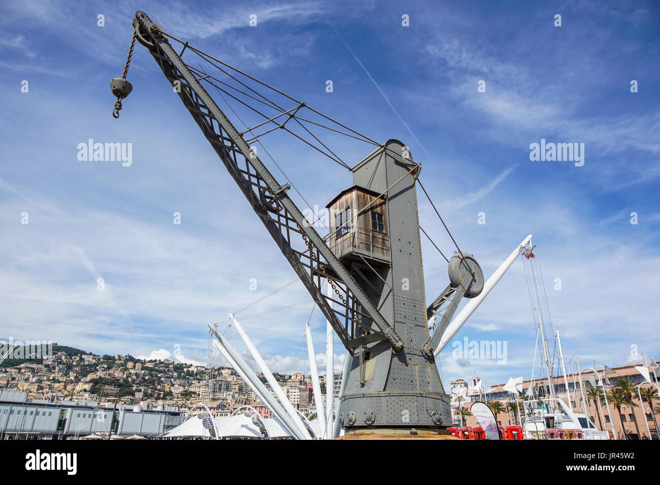 A crane on the floating dock in the harbor .Plenty of cargo ships needs ...