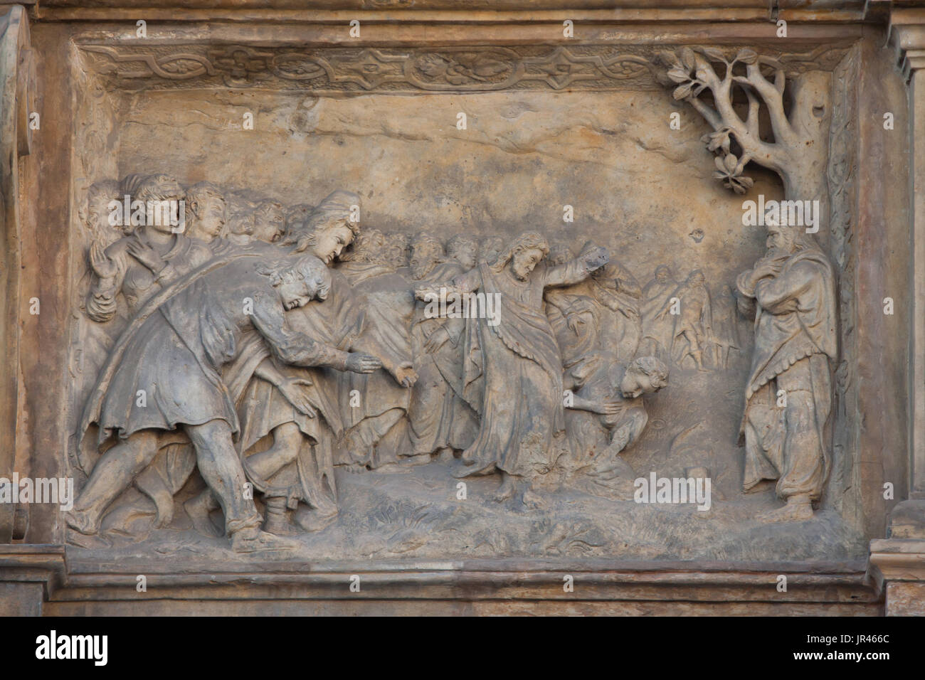 Jesus healing the bleeding woman. Renaissance relief on the Edelmann ...