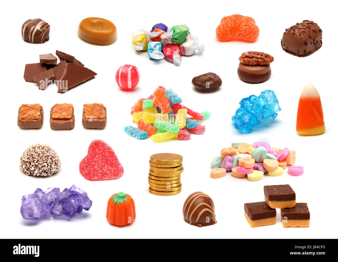 A collage of various candies and chocolates on a white background Stock ...