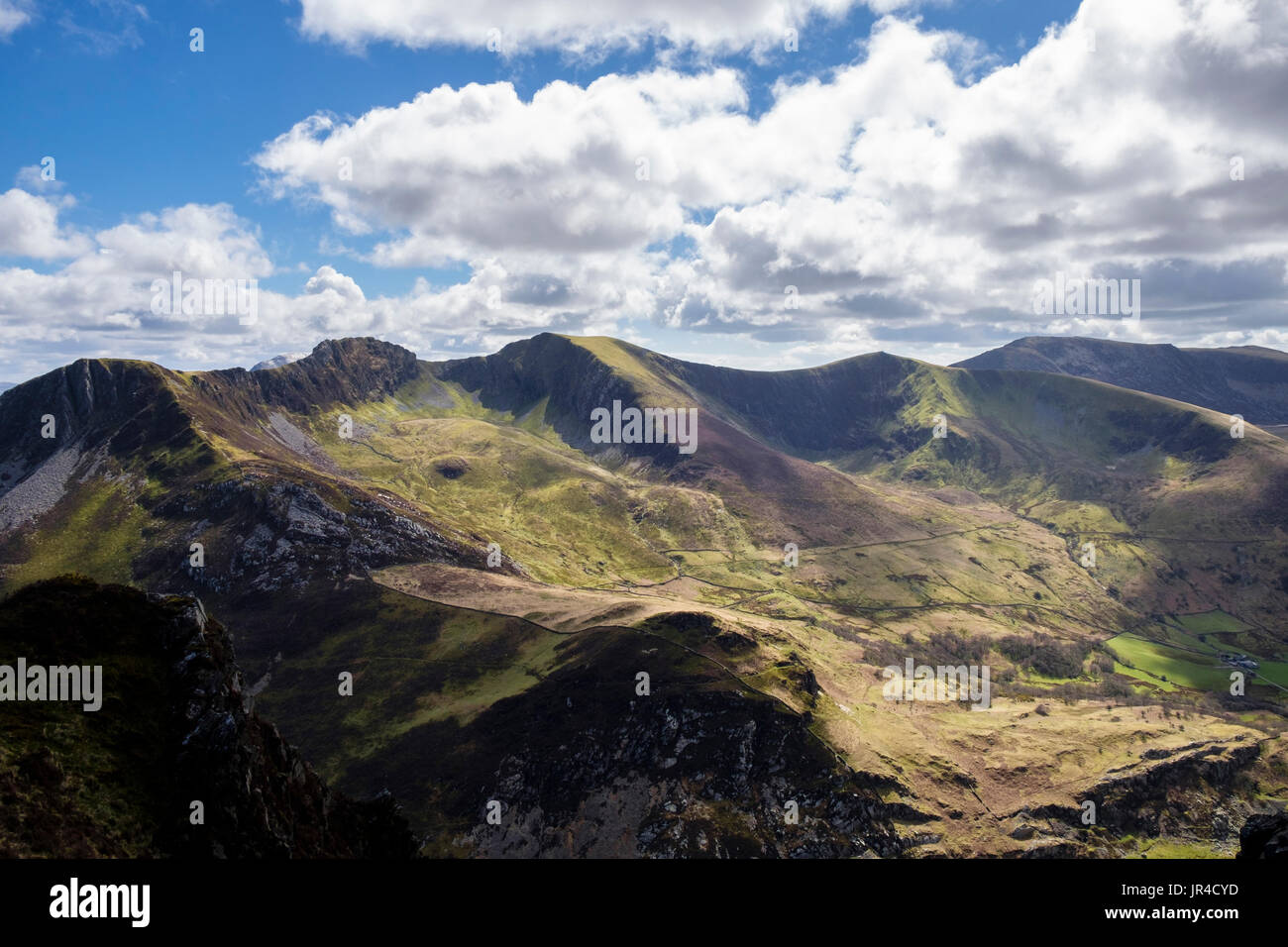 Mountain peaks of Nantlle Ridge seen from Mynydd Mawr across Nantlle ...
