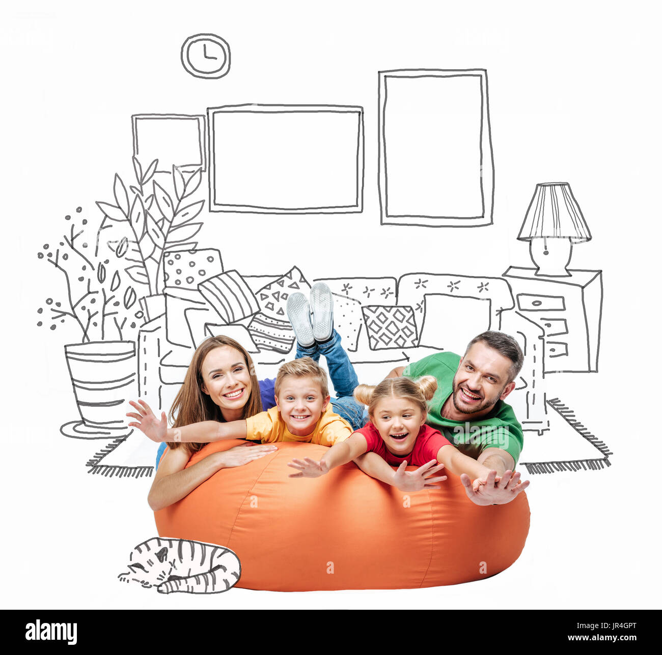 Family having fun in sack-chair Stock Photo - Alamy