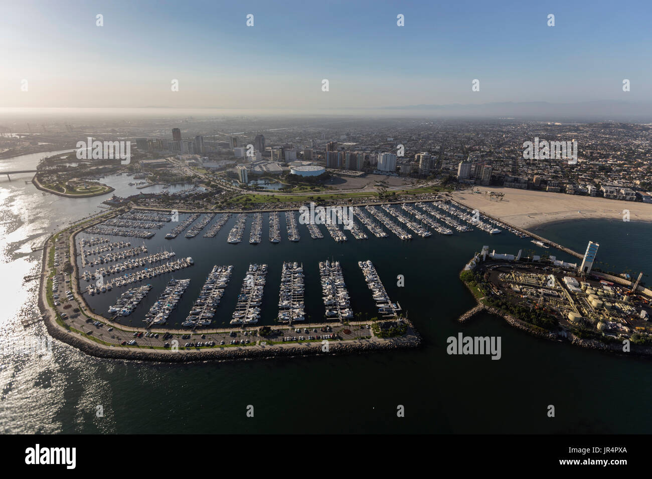 Aerial view of downtown, marina and coastline in Long Beach, California ...