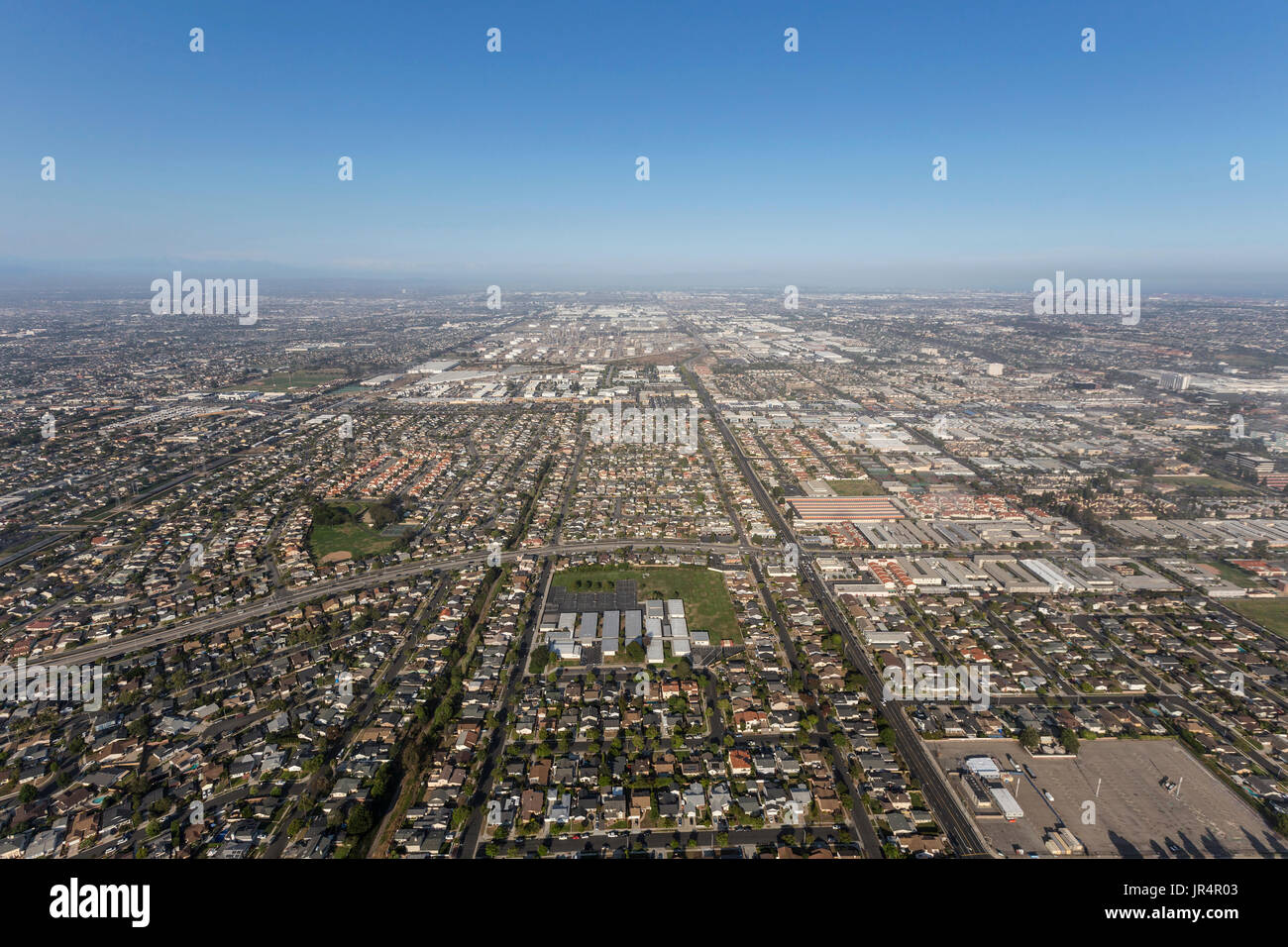 Aerial view of summer smog above Torrance and Los Angeles, California ...