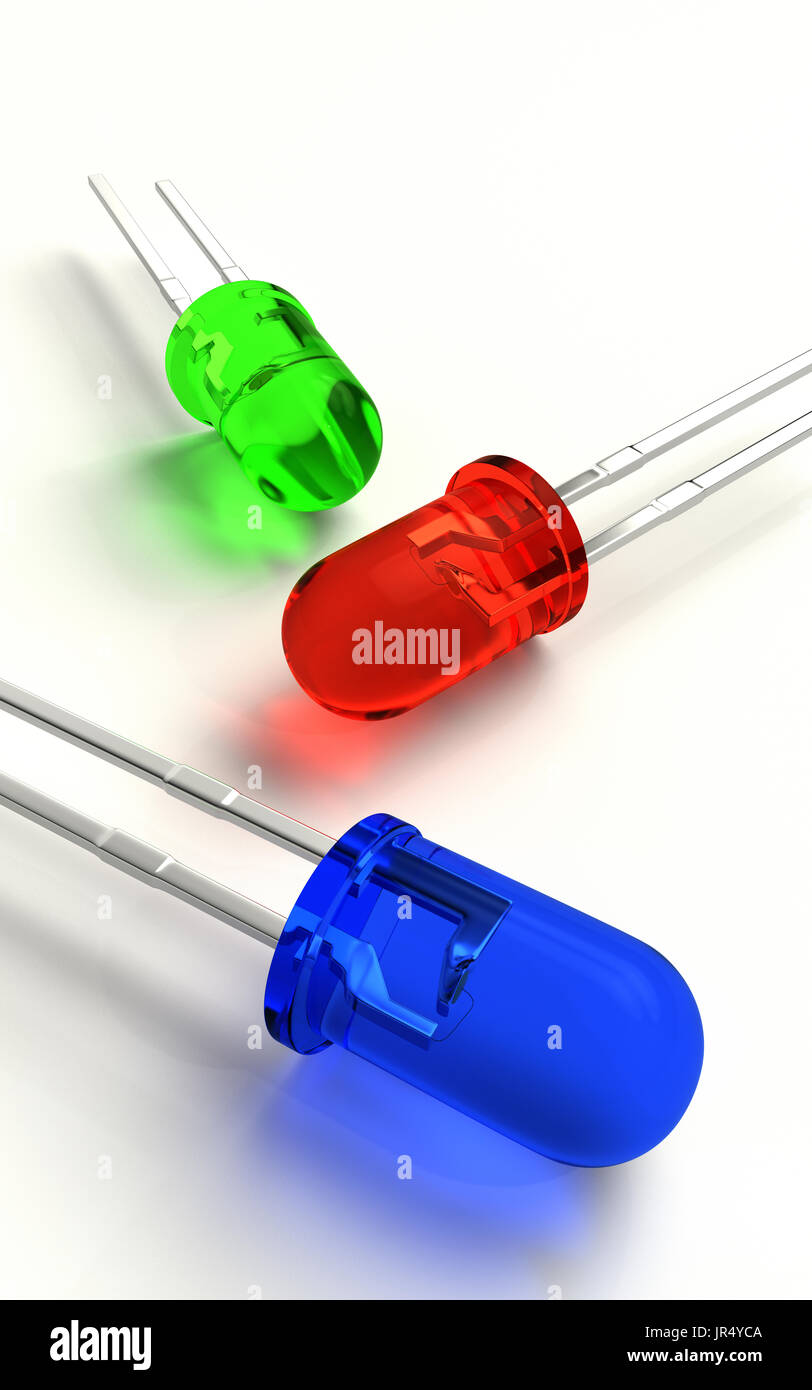 3D realistic render of tricolor 3 mm led diode, rgb (red, green, blue ...