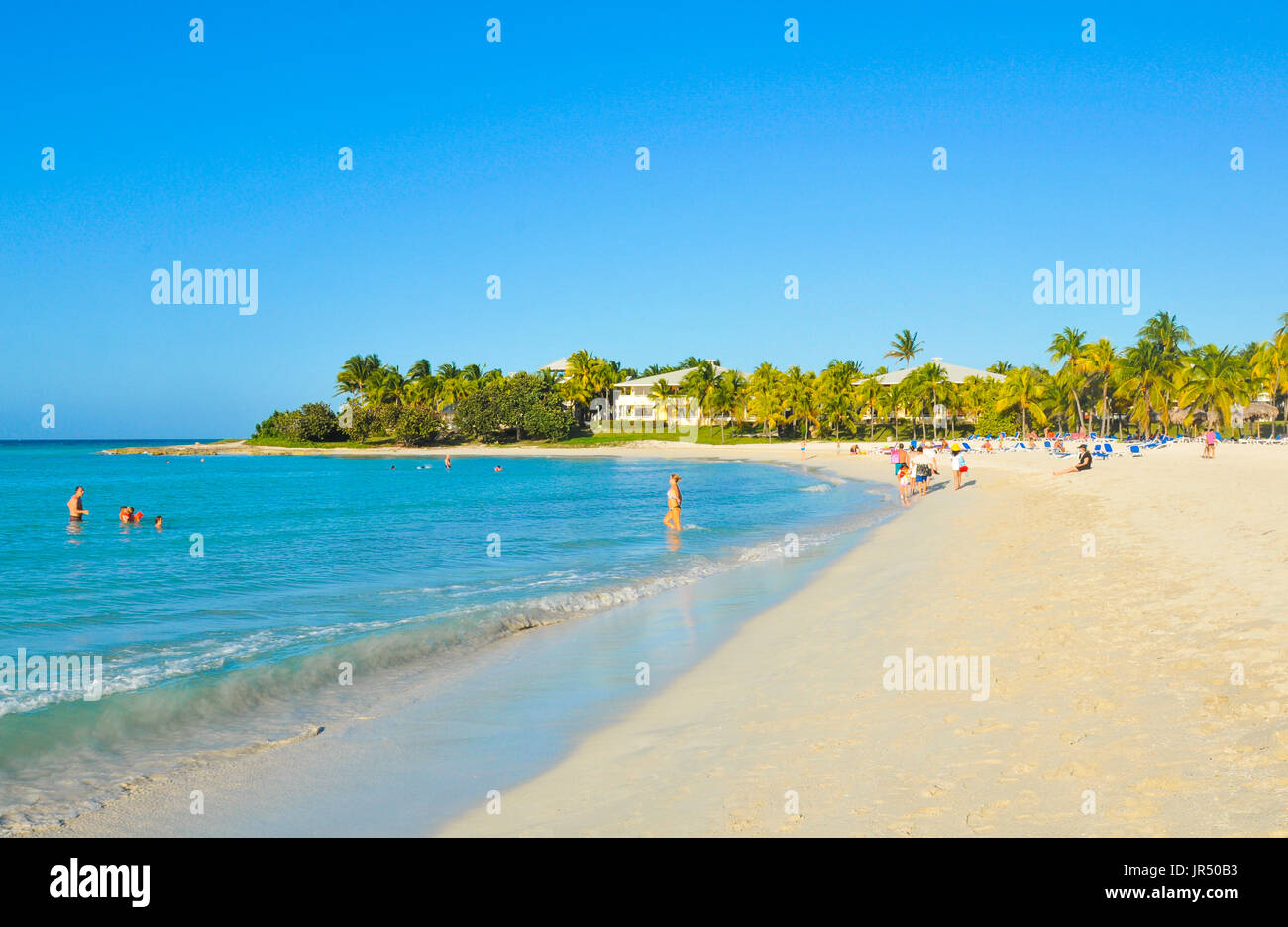Varadero, Cuba - December 15, 2016: Tourists swim in the exotic waters ...