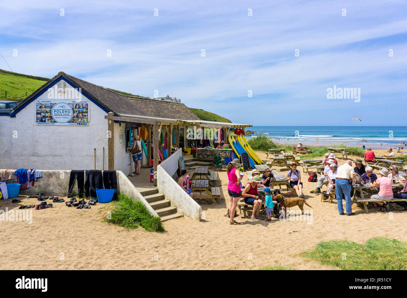 Beach cafe at Poldhu Cove beach, Cornwall, UK on the Lizard Peninsula ...