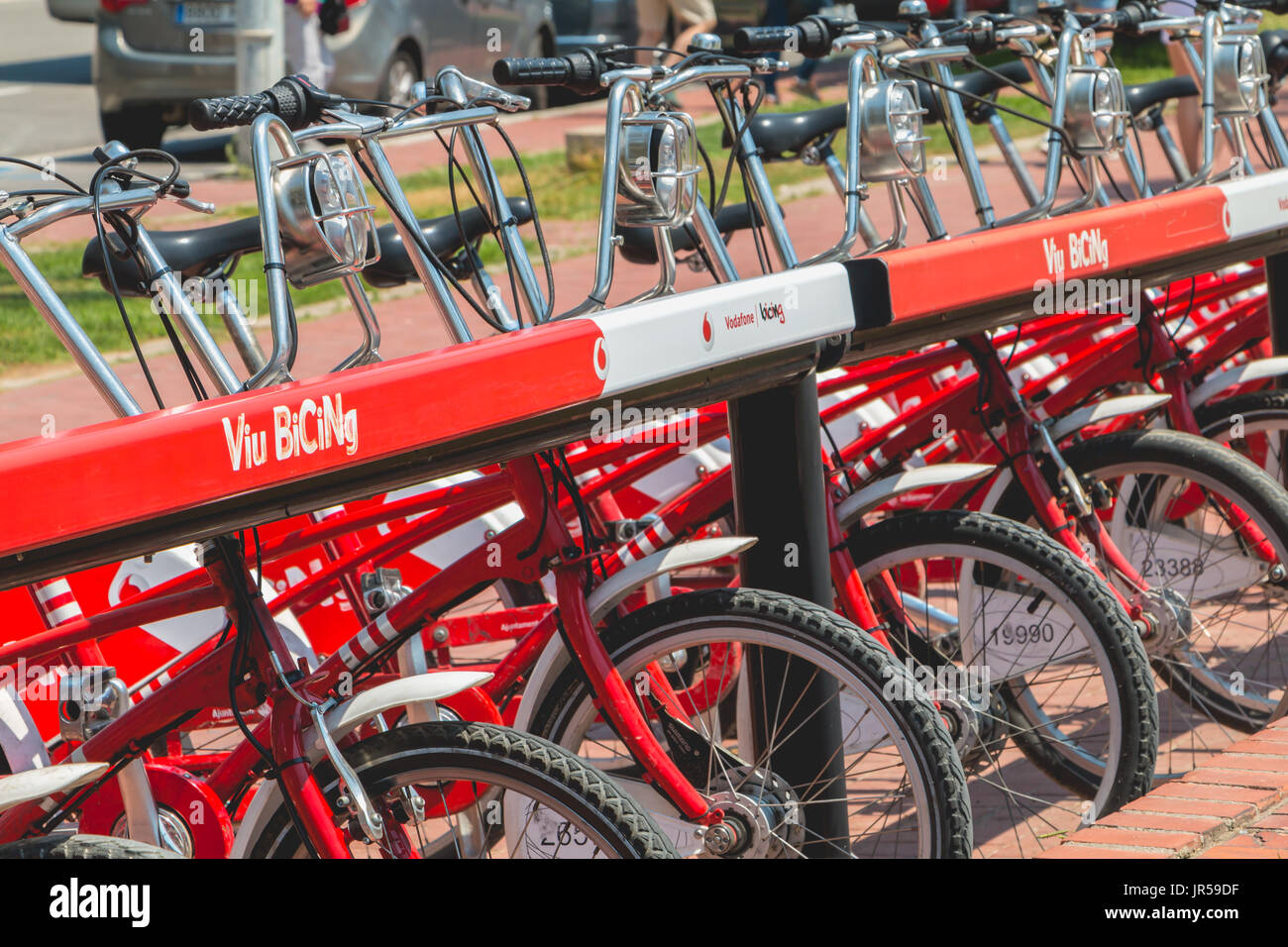 BARCELONA, SPAIN - june 21, 2017: Service Vehicles bicycles Vodafone ...